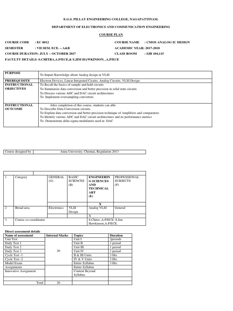 Cmos Analog Ic Design Course Plan New Pdf Analog To Digital