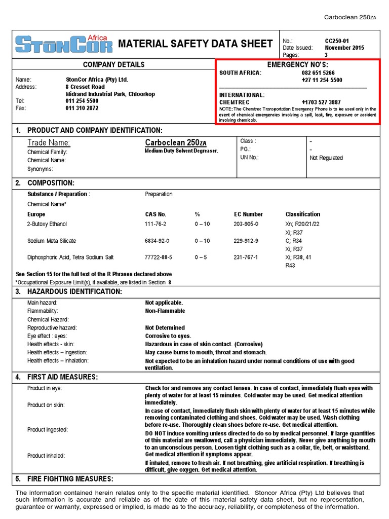 Material Safety Data Sheet for Carboclean 250ZA Medium Duty Solvent ...
