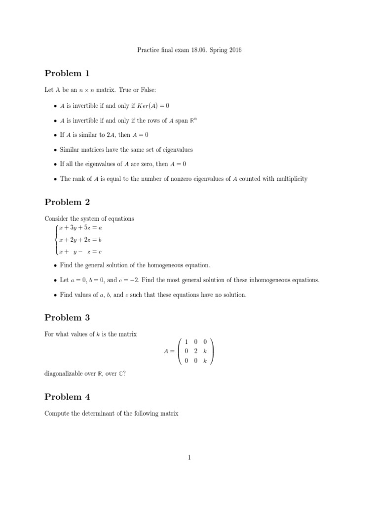 Practice Final | PDF | Eigenvalues And Eigenvectors | Functional Analysis