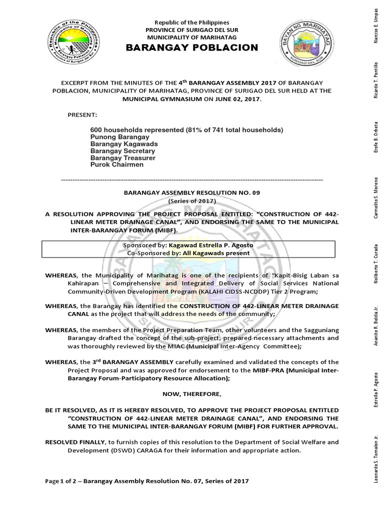 Barangay Assembly Resolution for Drainage | PDF | Government