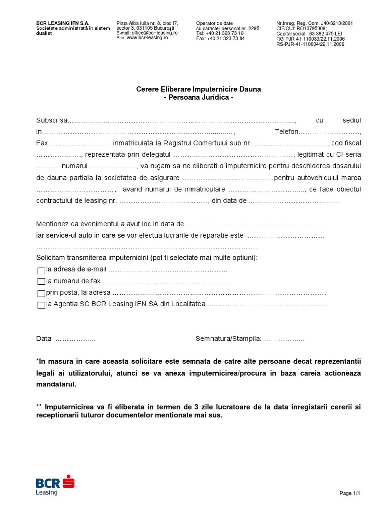 Cerere Eliberare Imputernicire Dauna PJ | PDF