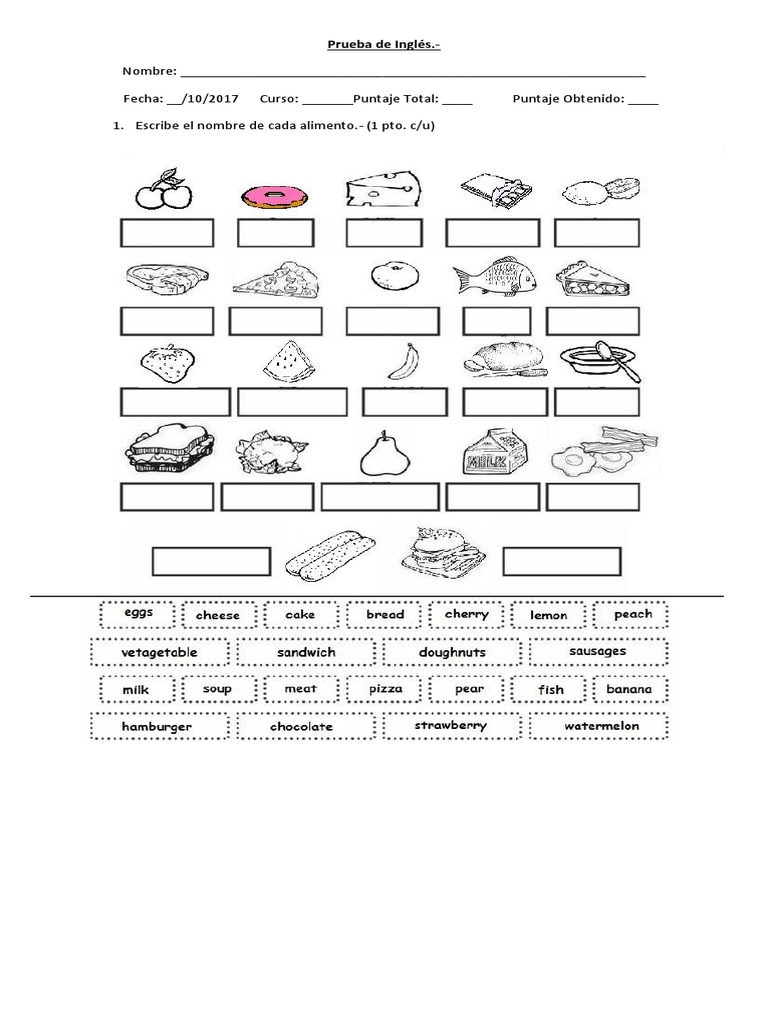 Prueba de Inglés Alimentos | PDF
