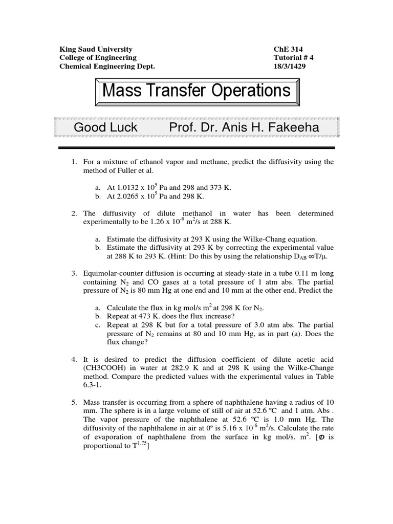 Tutorial 4 | PDF | Diffusion | Pressure