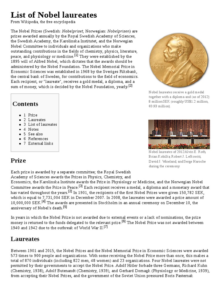 List of Nobel Laureates: From Wikipedia, The Free Encyclopedia | PDF