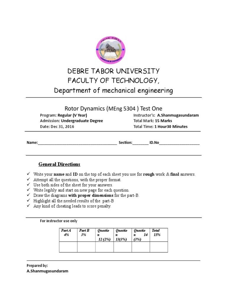 Debre Tabor University Faculty of Technology, Department of Mechanical Engineering | PDF ...