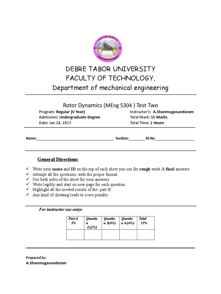 Debre Tabor University Faculty of Technology, Department of Mechanical Engineering | PDF ...