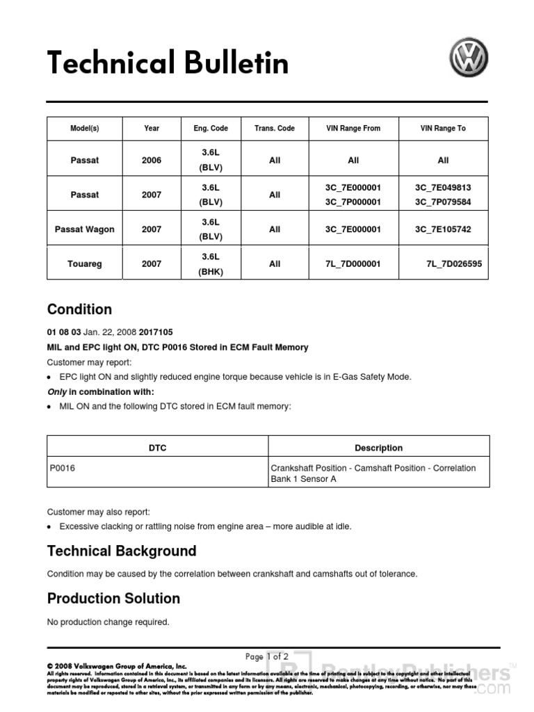 VW - tb.01!08!03 MIL and EPC Light On, DTC P0016 Stored in ECM Fault ...