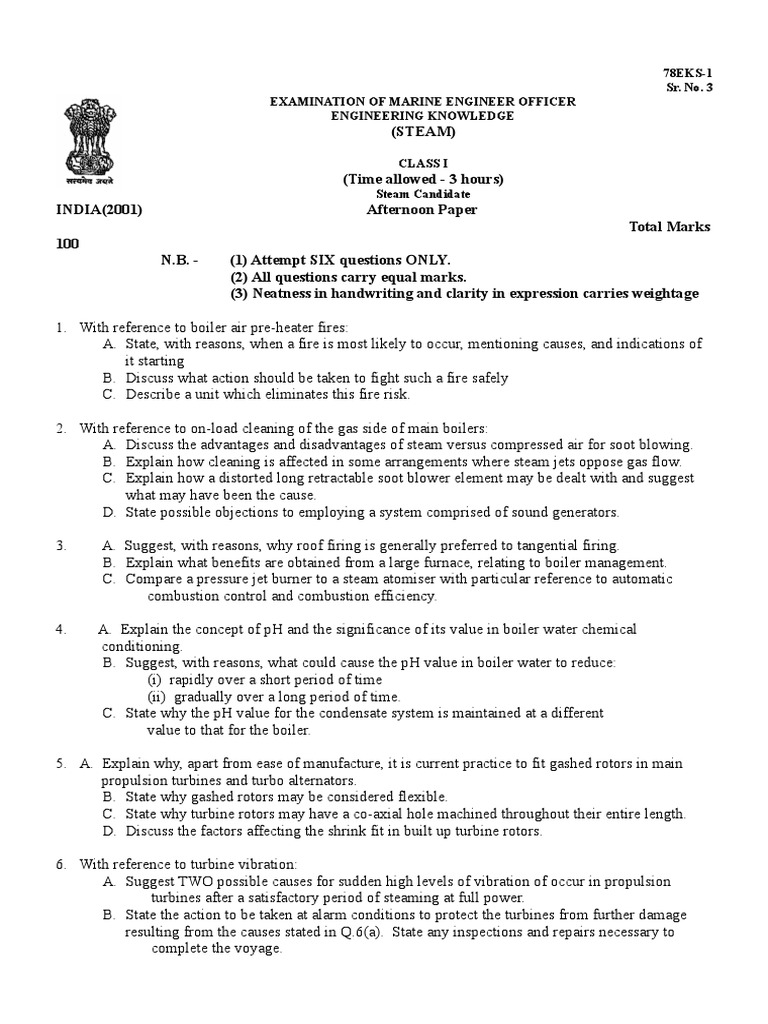 78EKS-1 Sr. No. 3 Examination of Marine Engineer Officer Engineering ...