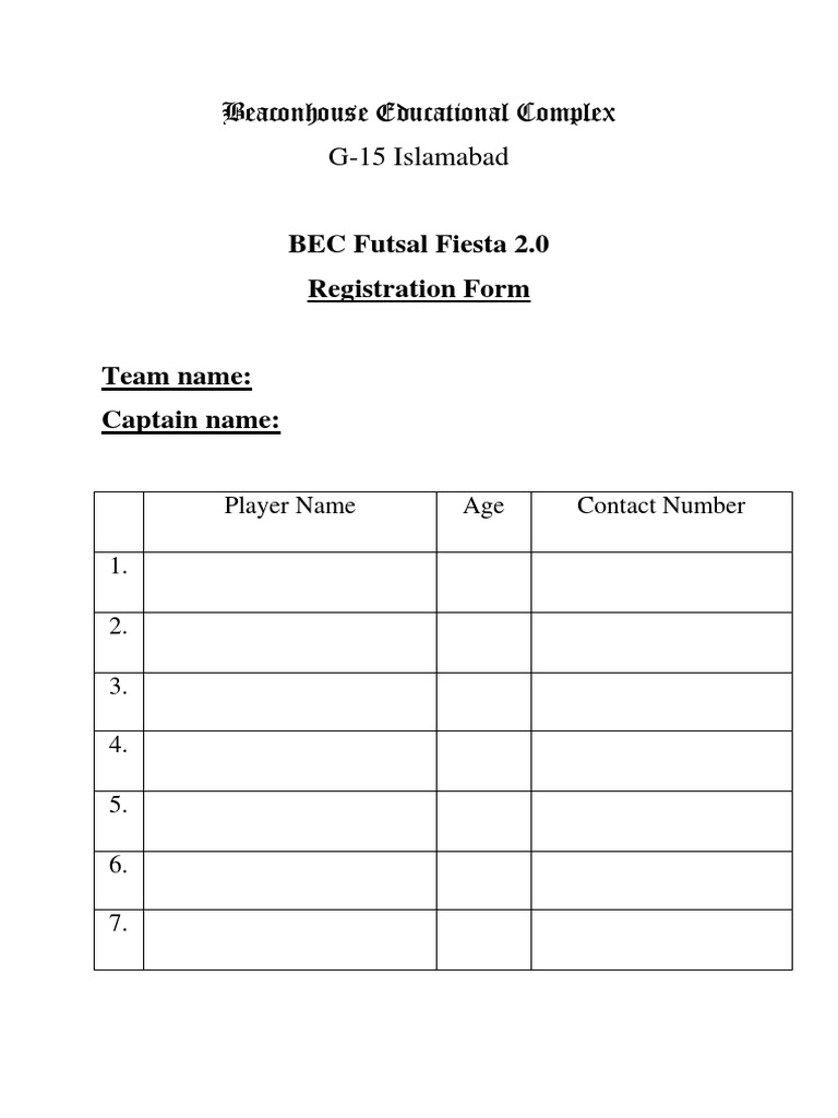 BEC Futsal Fiesta 2.0 Registration Form: Beaconhouse Educational ...