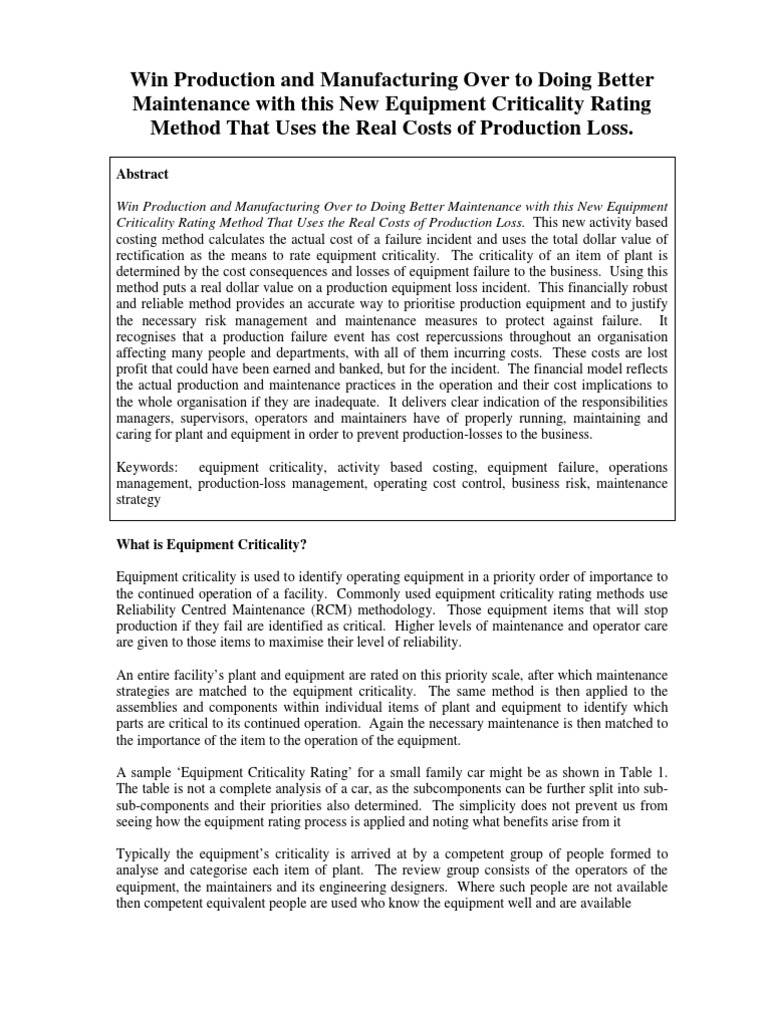 ABC Based Equipment Criticality | PDF | Transmission (Mechanics) | Risk