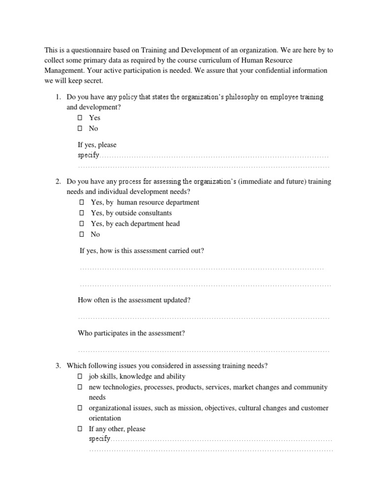 HR Training and Development Questionnaire | PDF | Accountability ...
