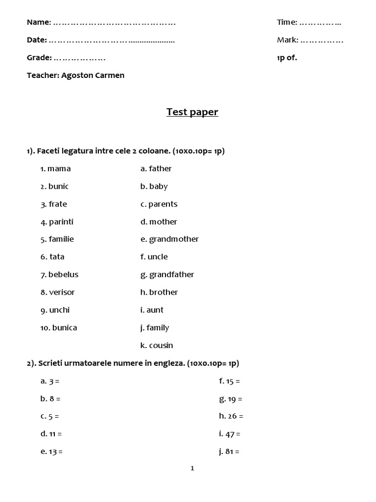 Test Paper: Name: Date: ..................... Grade: 1p Of. Teacher ...