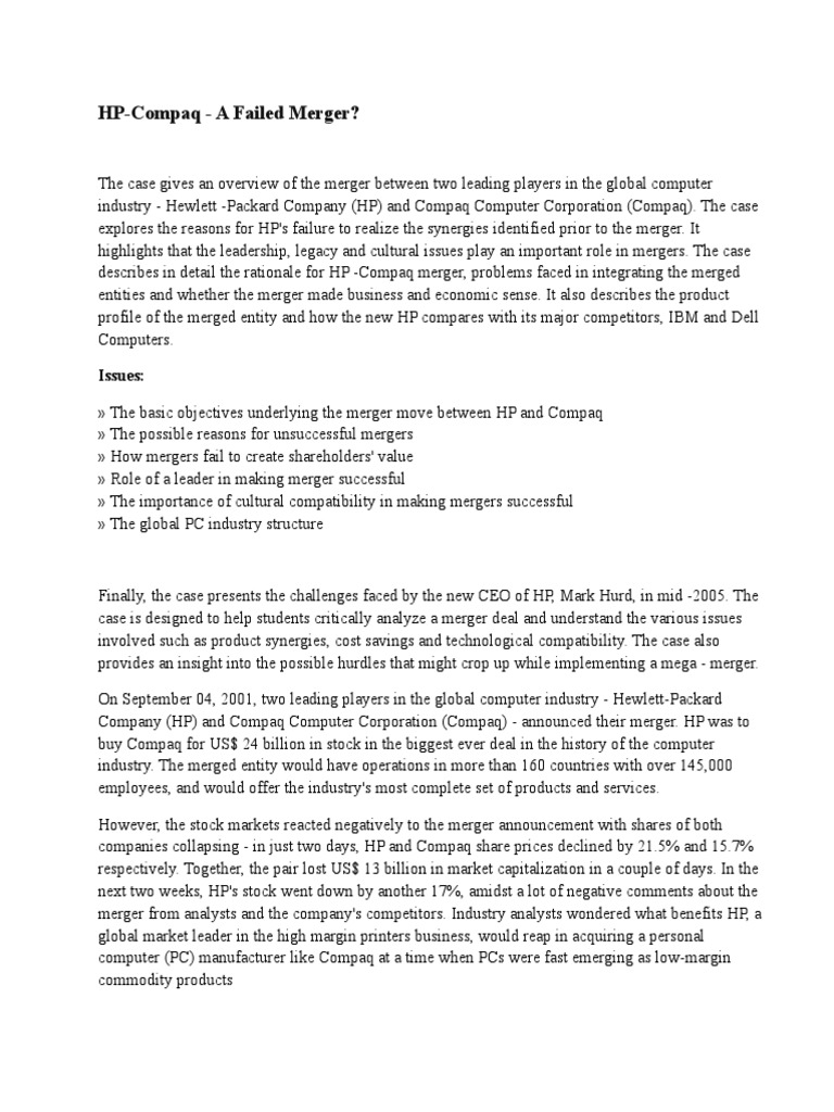 HP Compaq Merger Case Study | PDF | Hewlett Packard | Dell