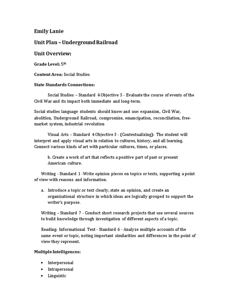 Emily Lanie Unit Plan - Underground Railroad Unit Overview | PDF ...