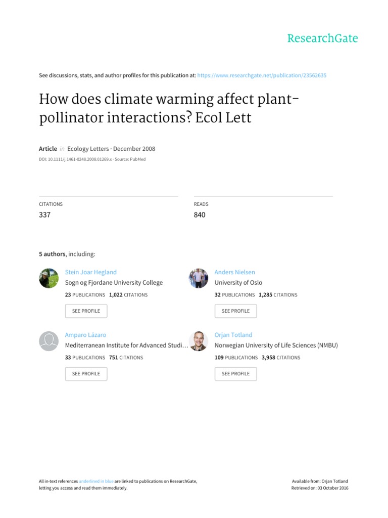 How Does Climate Warming Affect Plant-Pollinator Interactions? Ecol Lett | PDF | Global Warming ...