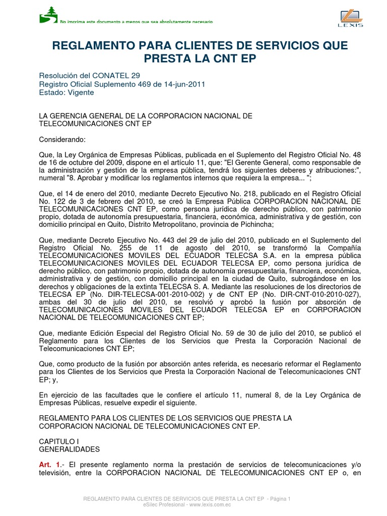 Reglamento para Clientes de Servicios Que Presta La CNT EP PDF | PDF ...