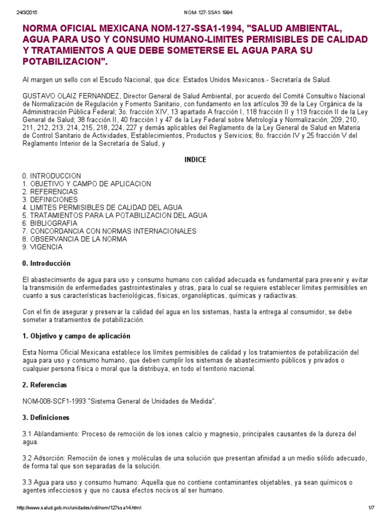 Nom 127 Ssa1 1994 PDF | PDF | Agua potable | Agua