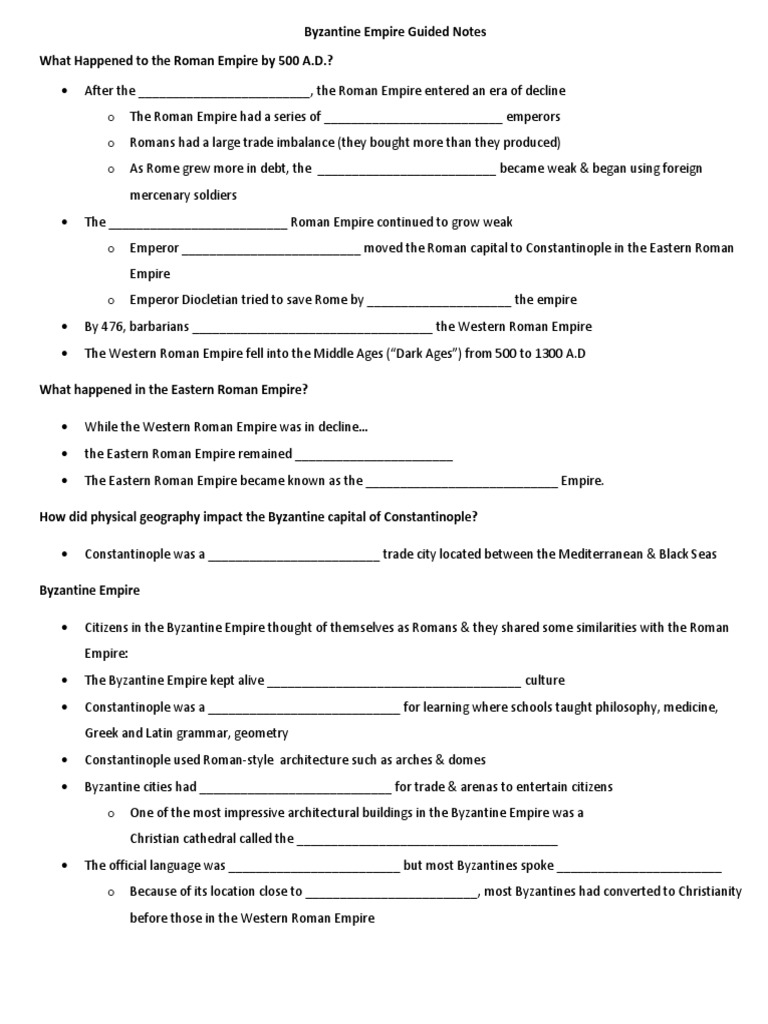 Byzantine Empire Guided Notes | PDF | Byzantine Empire | Roman Empire