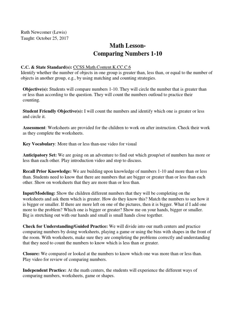Math Lesson Comparing Number 1 To 10 | PDF | Neuropsychological ...