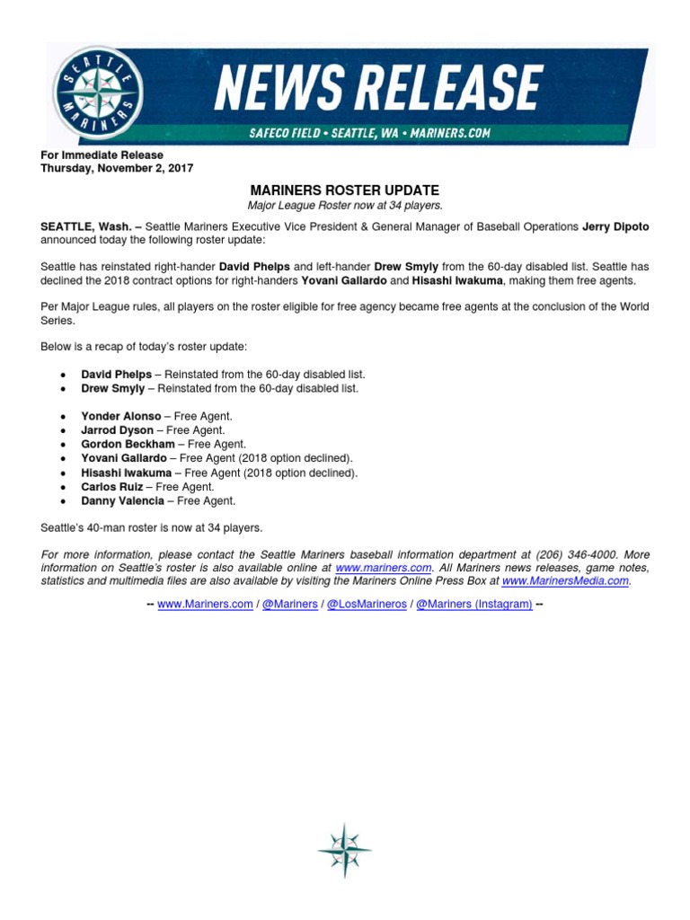 Mariners Roster Update: November 2017 | PDF
