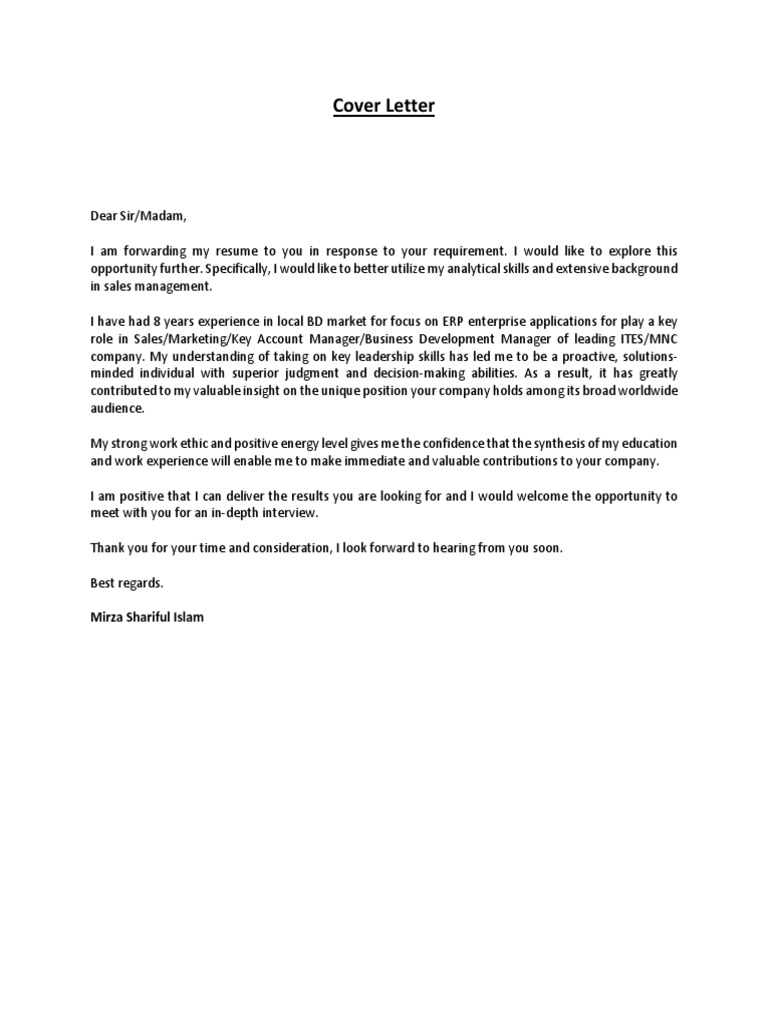 Cover Letter: Mirza Shariful Islam | PDF