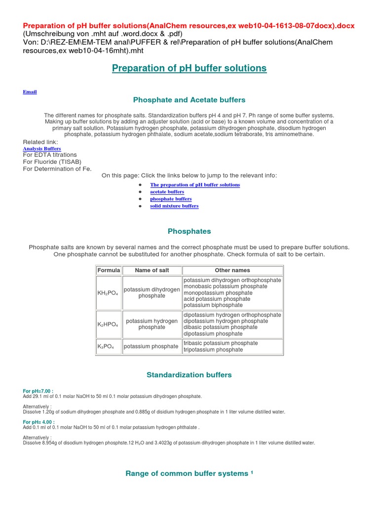 Preparation of PH Buffer Solutions (AnalChem Resources, Ex Web10!04 ...