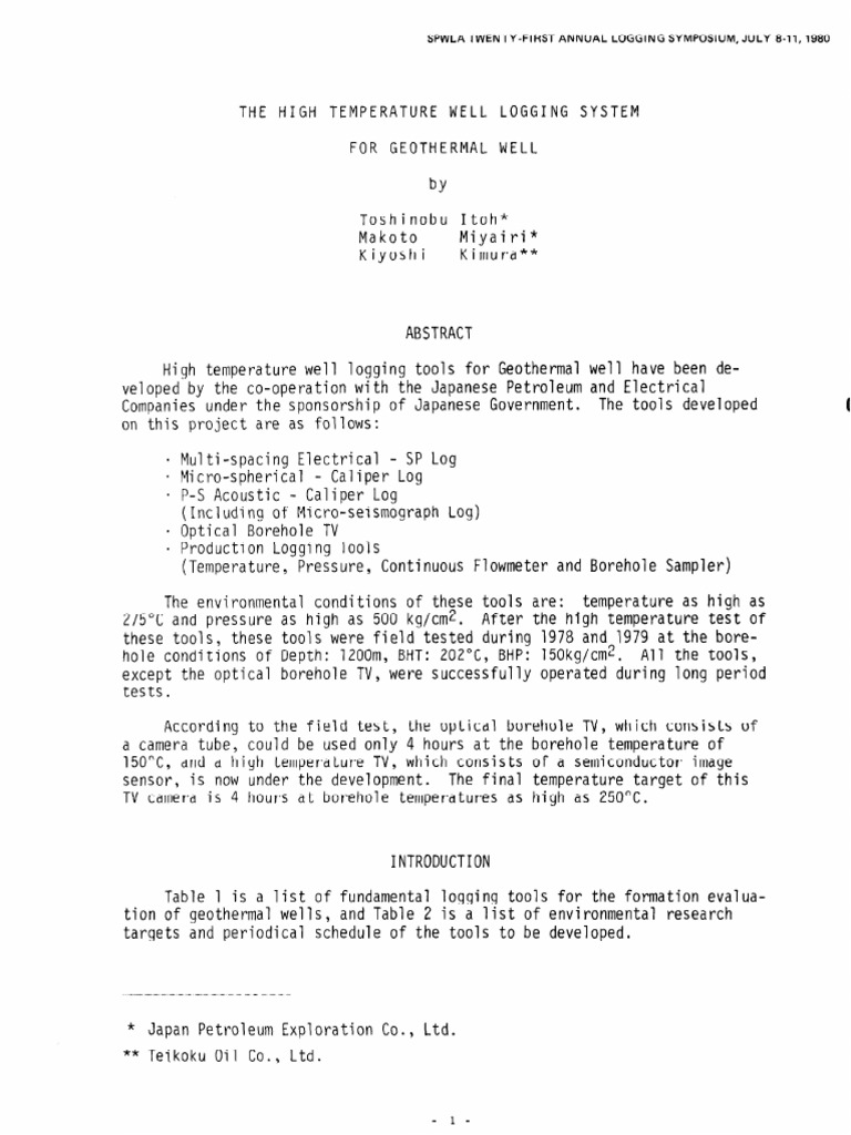 High Temperature Well Logging System for Geothermal Wells | PDF | Flow ...