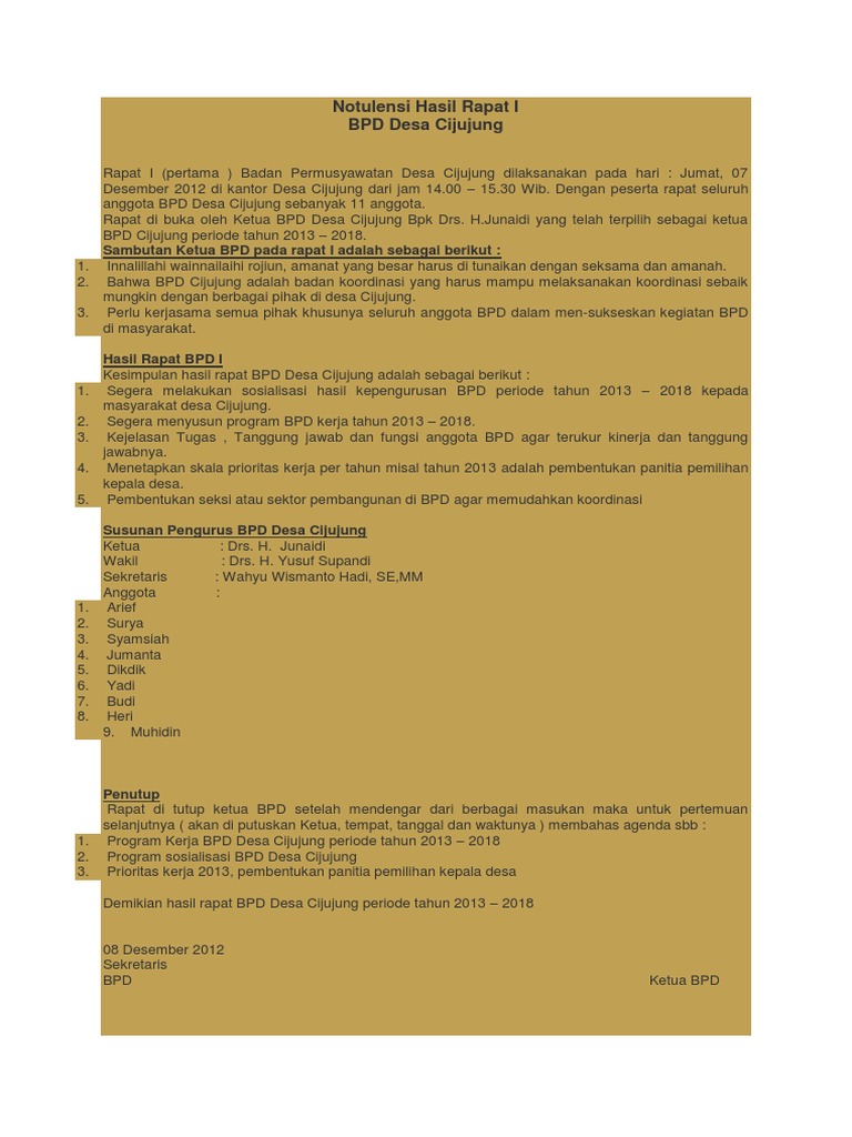 Notulensi Hasil Rapat I BPD | PDF
