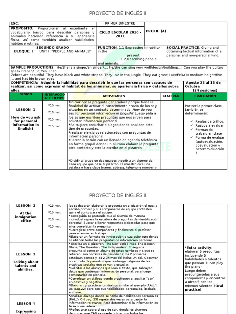 PLANEACIÓN INGLES 2° BLOQUE I | Maestros | Planificación | Prueba ...