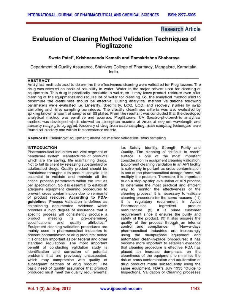 Evaluation of Cleaning Method Validation Techniques of Pioglitazone ...