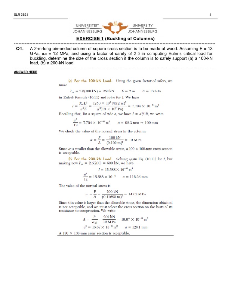 Exercise 1 - Buckling of Columns - Solutions | PDF