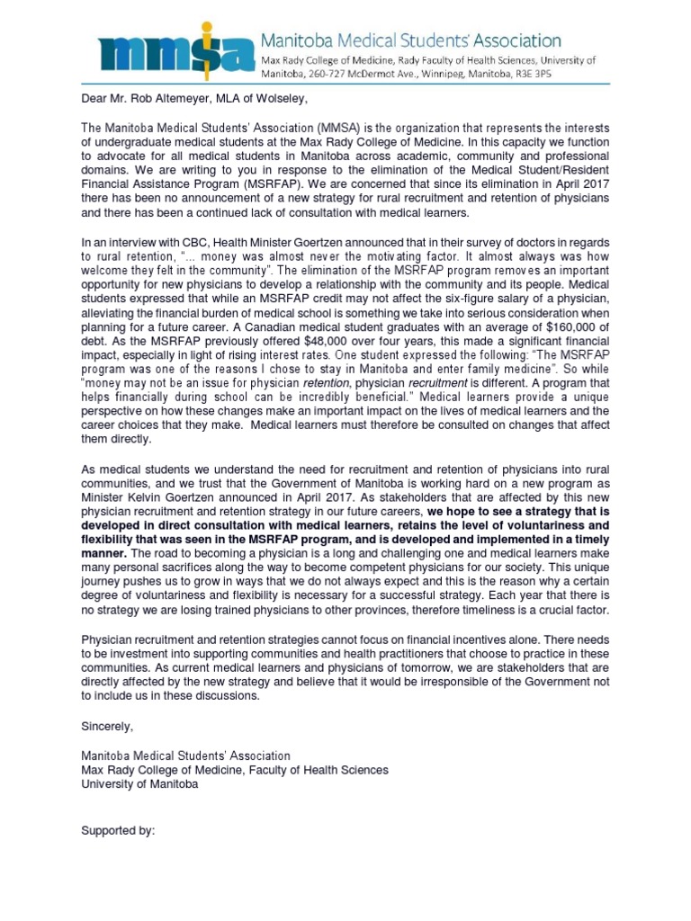 Letter From The Manitoba Medical Students Association | Download Free ...