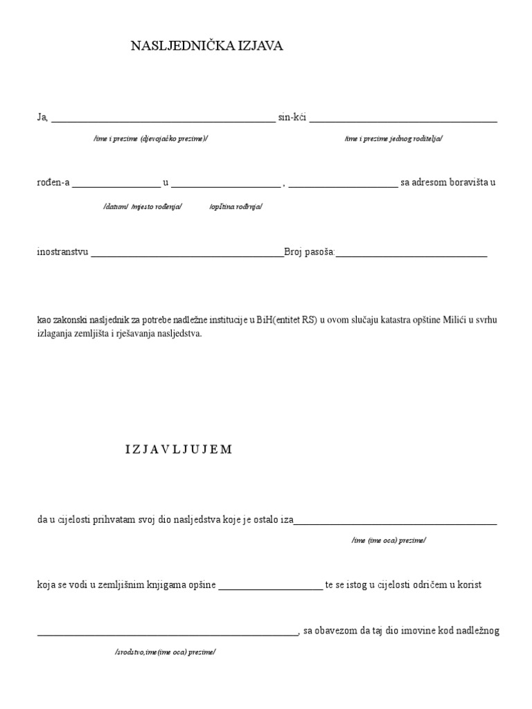 Obrazac - Nasljednicka Izjava | PDF