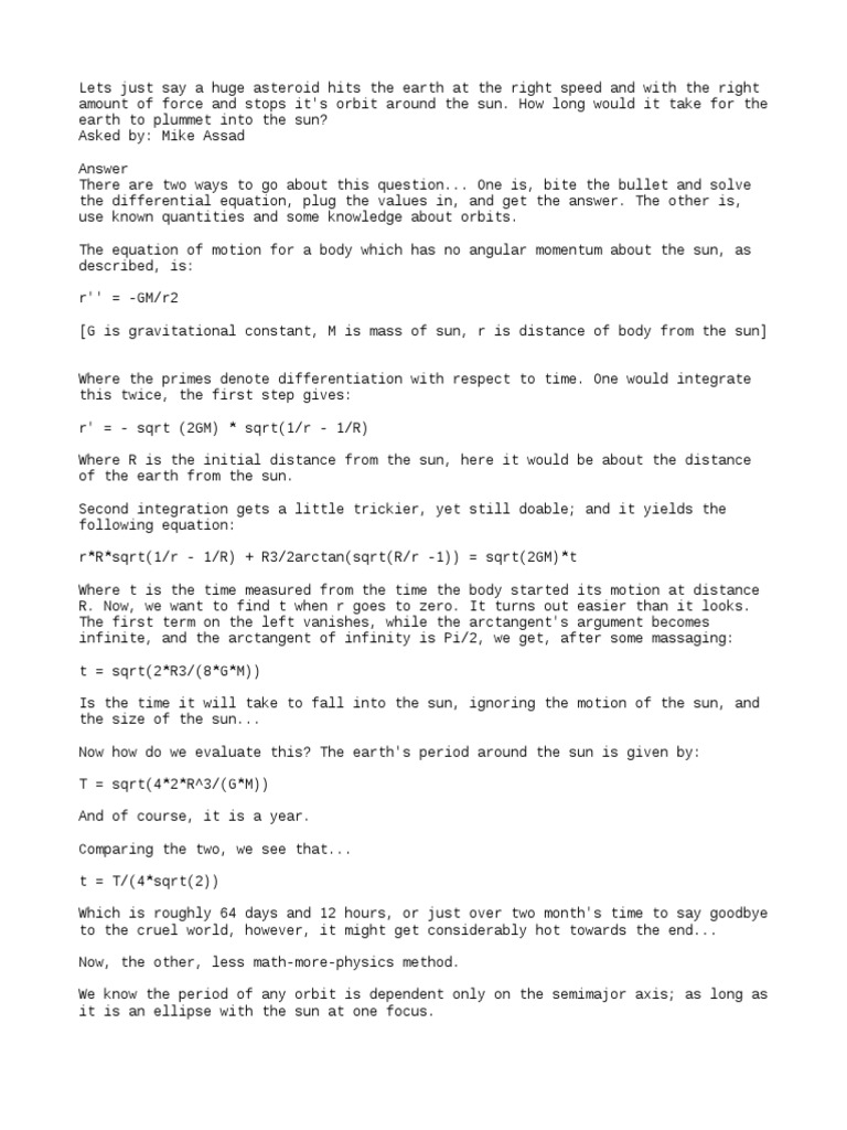 Free Fall Time Earth To Sun | PDF | Orbit | Mass