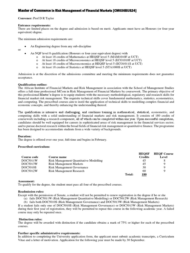 MCom Risk Management of Financial Markets Handbook Entry | PDF ...