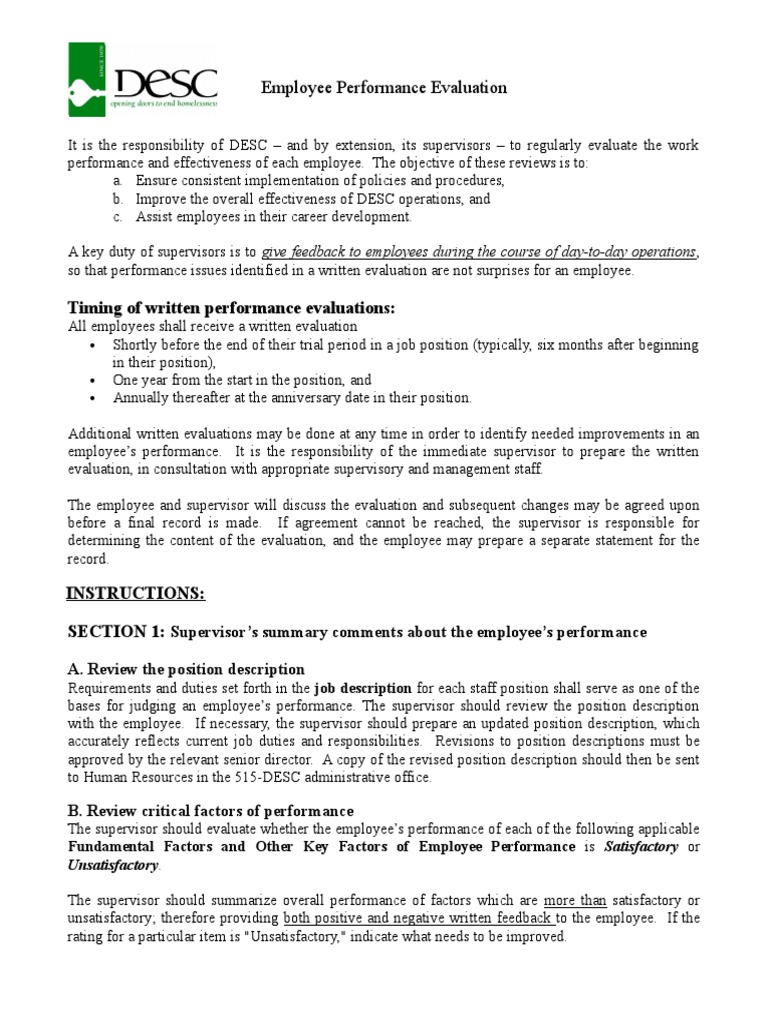 Performance Evaluation Form | PDF | Performance Appraisal | Supervisor