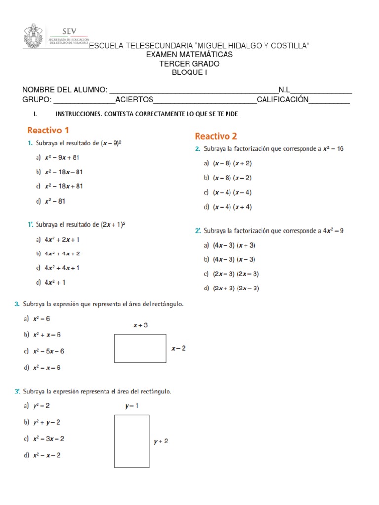 Examen Matematicas Tercer Grado 1 | PDF