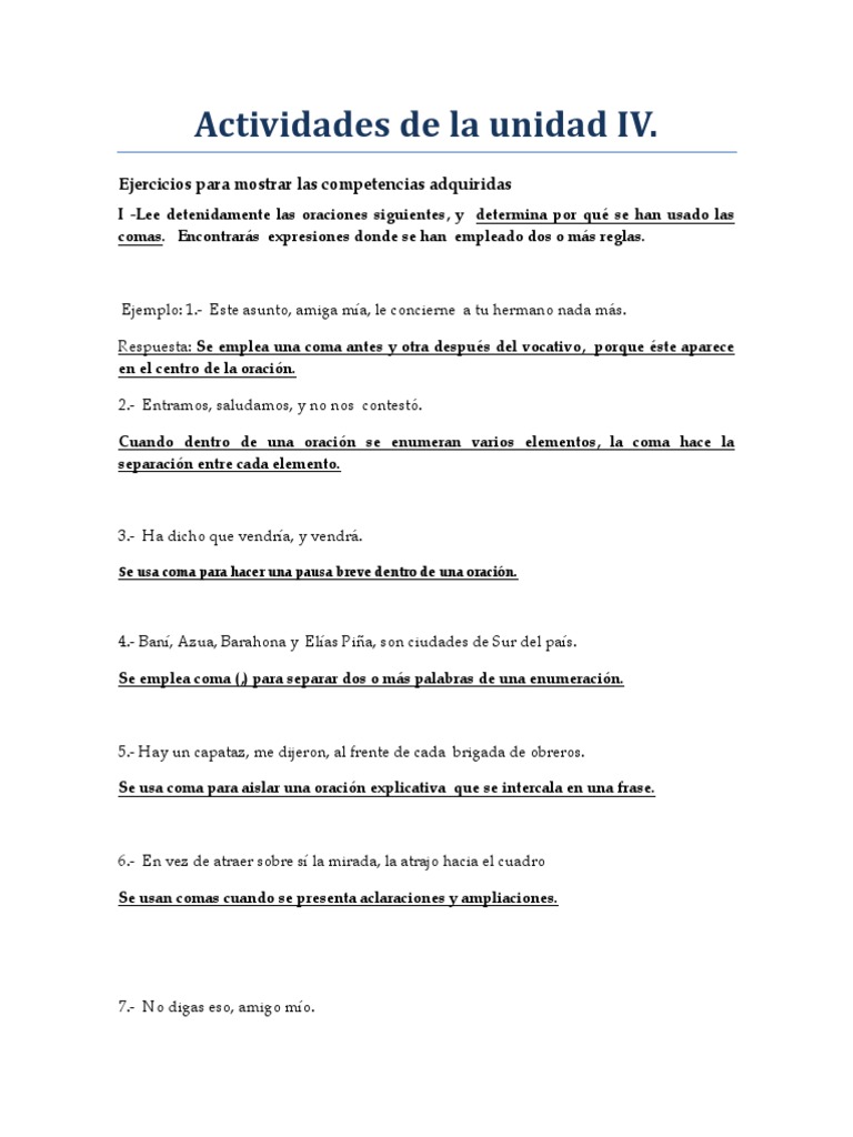 Actividades de la Unidad IV: Ejercicios de Puntuación | PDF | Oración ...