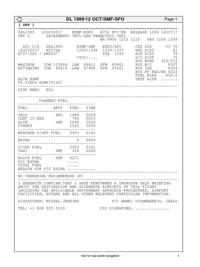 Flight Plan and Dispatch Release for Delta Airlines Flight 1989 from ...