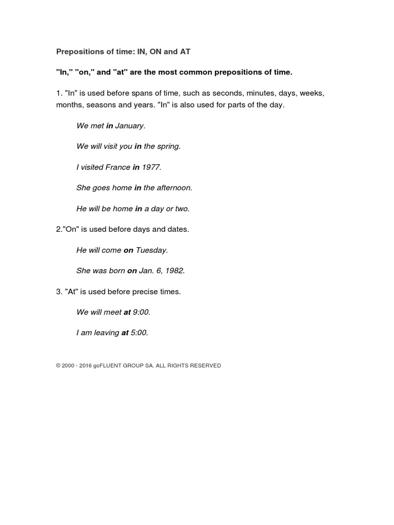 Time Prepositions Guide | PDF