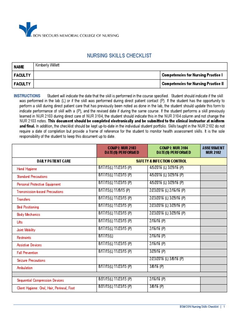 Nursing Skills Checklist 1 | PDF | Intravenous Therapy | Health Sciences