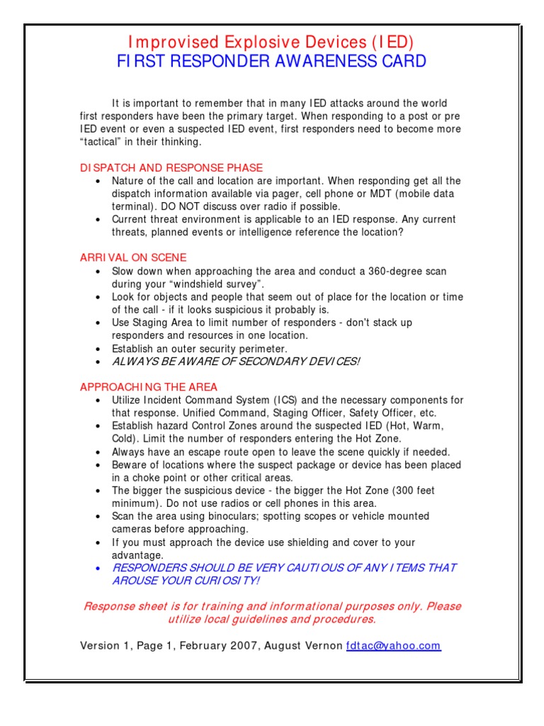 Ied Card | PDF | Improvised Explosive Device | Incident Command System