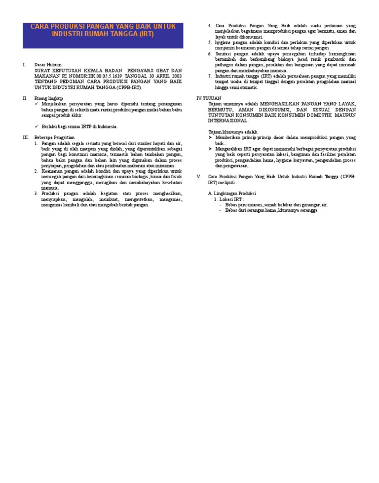 Pedoman CPPB untuk IRT di Indonesia | PDF