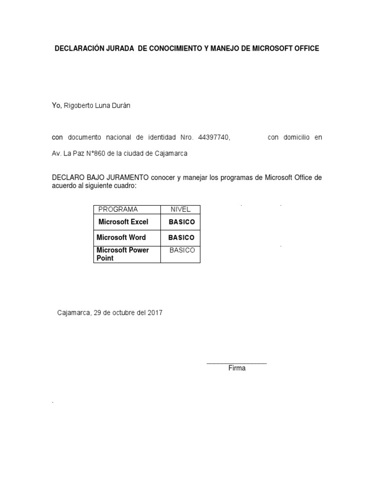 Declaracion Jurada Conocimiento Manejo Microsoft Office | PDF