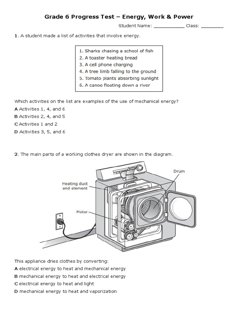 Grade 6 Progress Test - Energy, Work & Power: Student Name: - Class ...