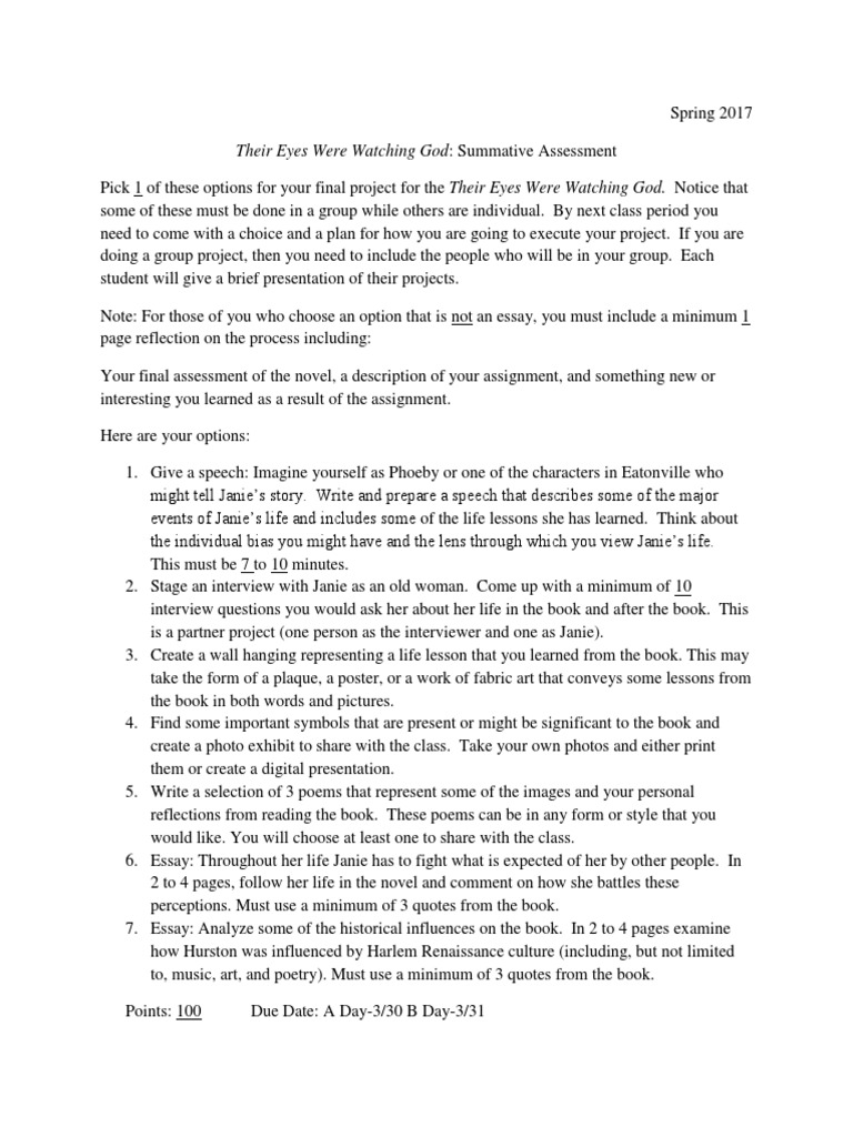 Their Eyes Were Watching God Project Options | PDF | Educational ...