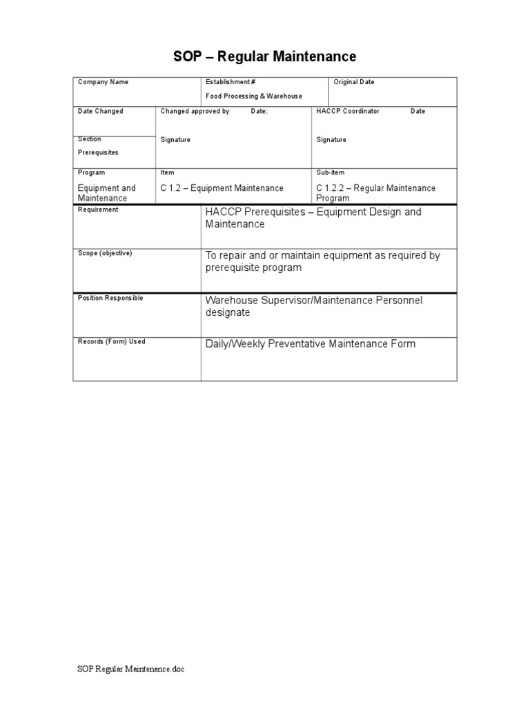 SOP Regular Maintenance | PDF | Hazard Analysis And Critical Control ...