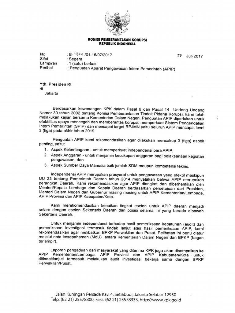 Surat Penguatan APIP (KPK) | PDF Surat Penguatan APIP (KPK) | PDF