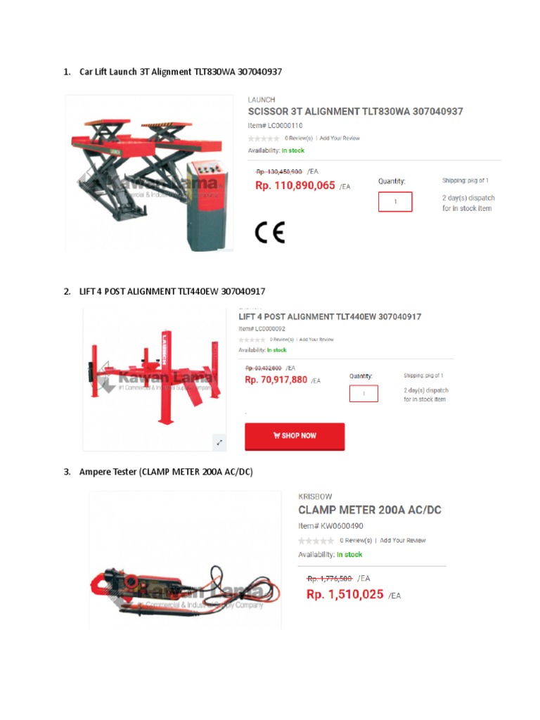 Car Lift and Testing Equipment List | PDF | Equipment | Measuring ...