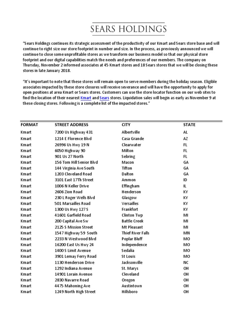 Sears Store Closing List | PDF | Kmart | Companies Of The United States